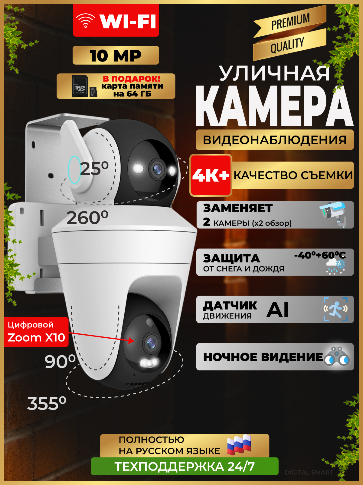 Камера видеонаблюдения уличная WiFi 10Мп, двойная, поворотная IP видеокамера с датчиком движения, режимом ночной съемки