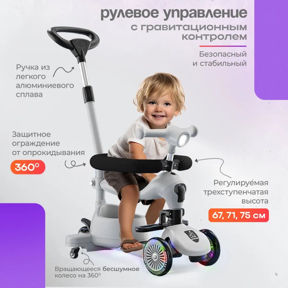 Детский трехколесный самокат 3 в 1 с подсветкой колес и музыкальными эффектами, для детей от 1 до 8 лет, трансформер — фото 1