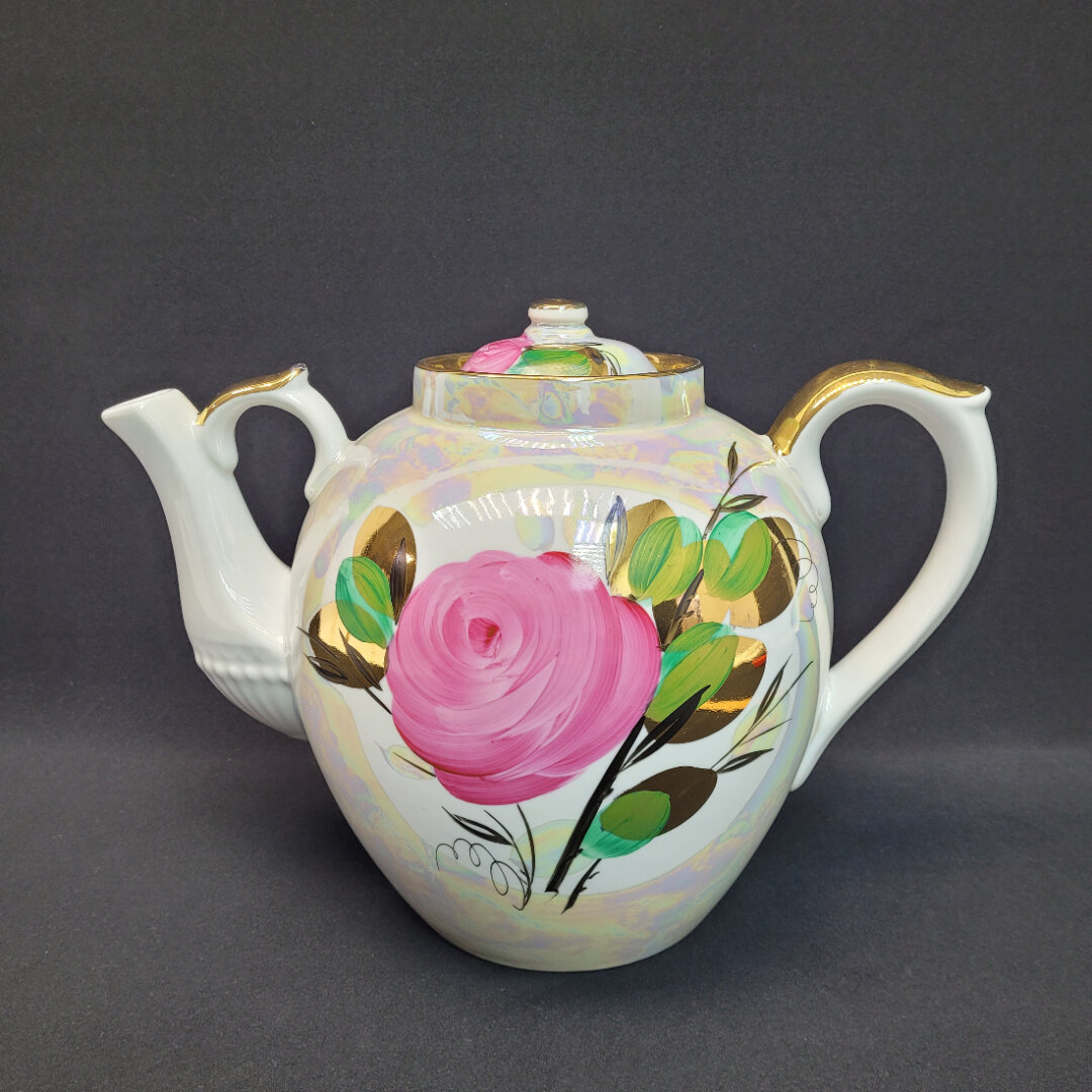 Чайник доливной фарфоровый "Агашки. Роза", ручная роспись, золочение, вместимость 4500мл, ФЗ Дулёво, СССР