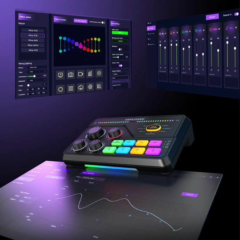 Микшерный пульт FIFINE SC8, USB c XLR/гарнитурой/оптическим входом/голосовым управлением/эквалайзер