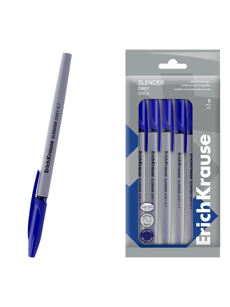 Ручки шариковые Slender Stick Grey 0.7, UGT, синие - 8 шт.