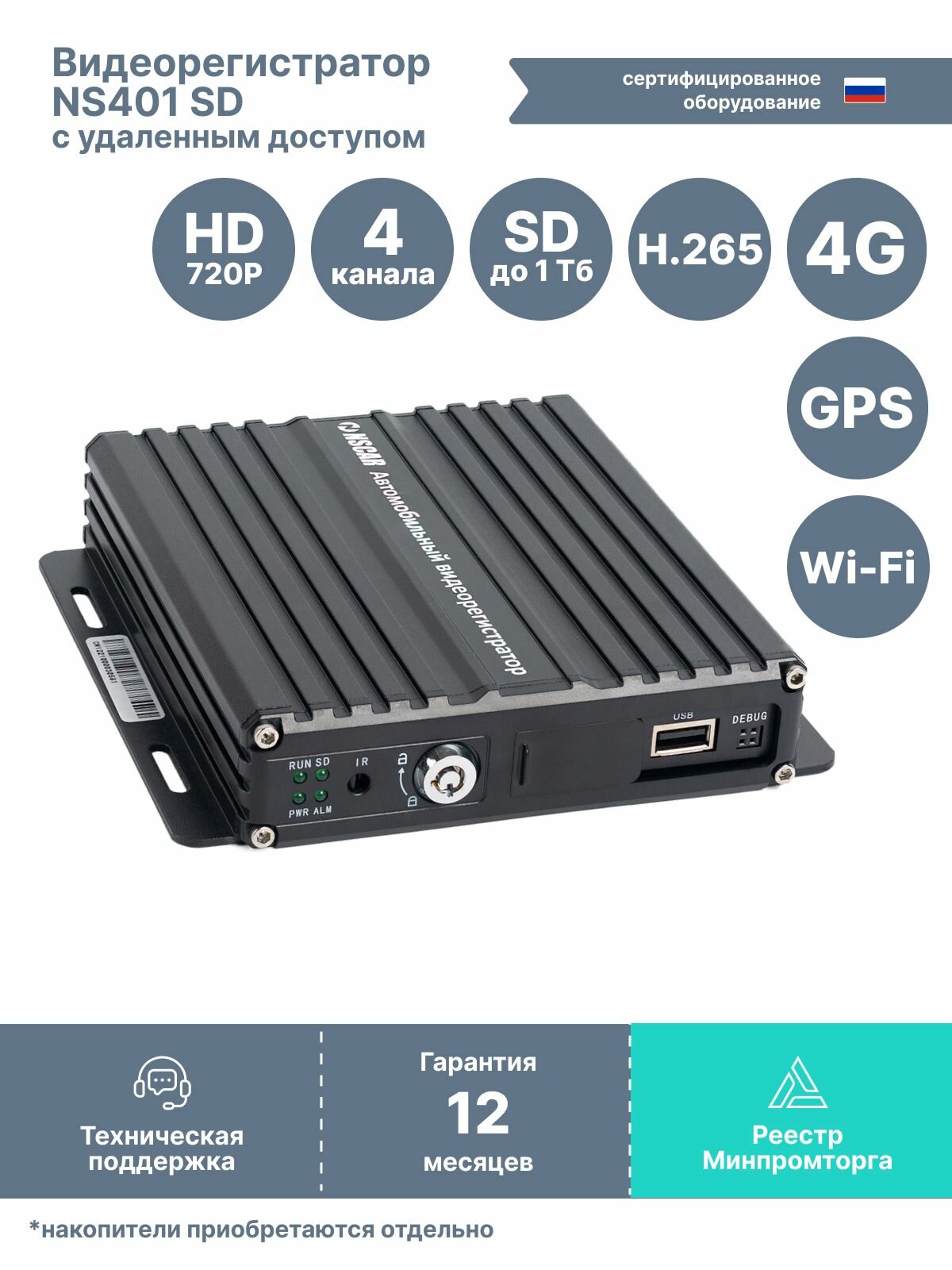 Автомобильный видеорегистратор на 4 камеры NSCAR 401 SD 4G+GPS+Wi-Fi