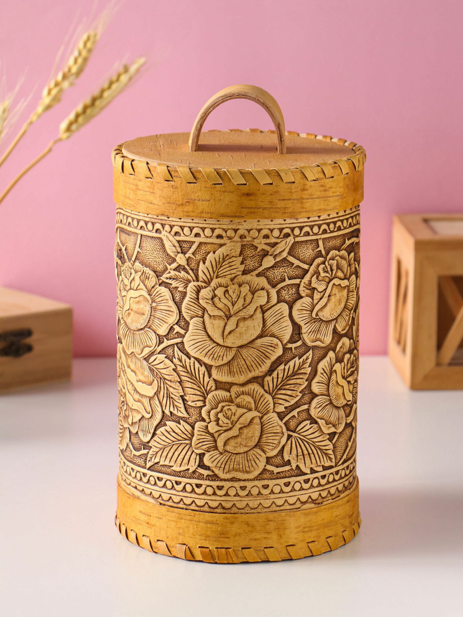 Туес "Розы", 12x17 см, банка для хранения, береста, материал крышки: дерево