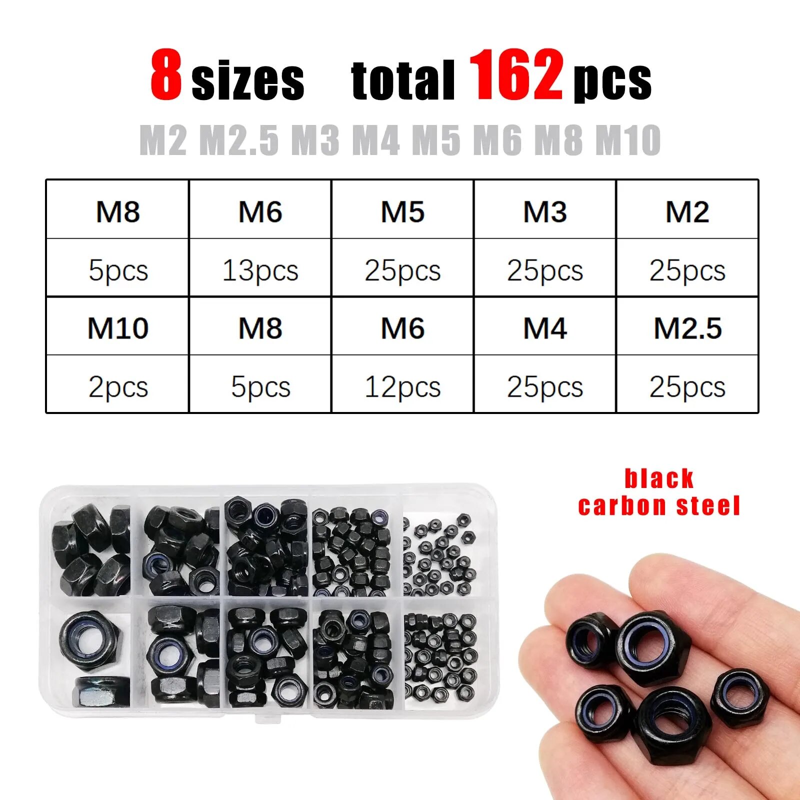 Набор самозатягивающихся гаек Michastu DIN985 M2-M12 нержавеющая сталь black steel 162pcs