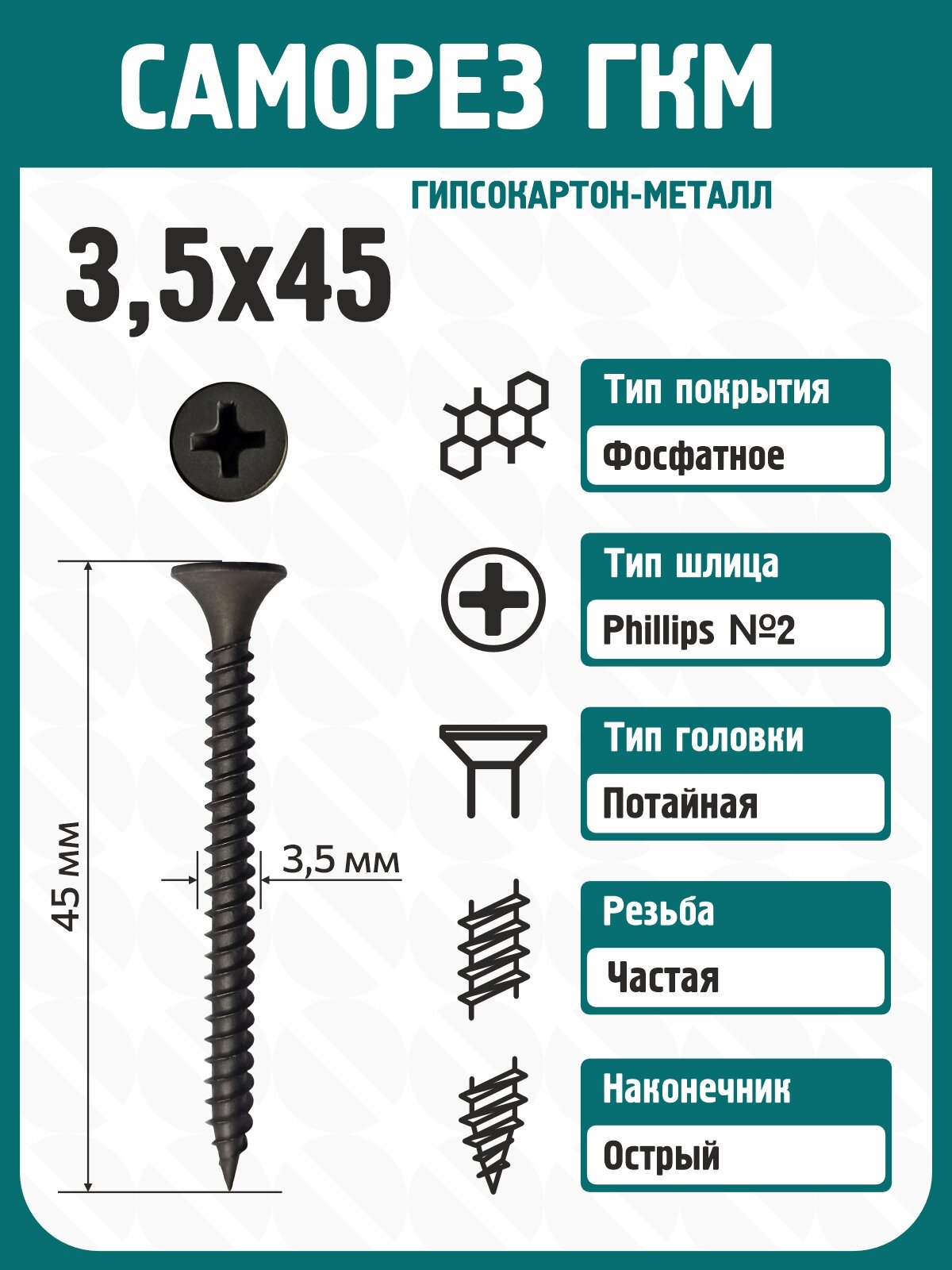 Саморезы по металлу черные 3,5х45 (500 шт) Rizzel гипсокартон металл