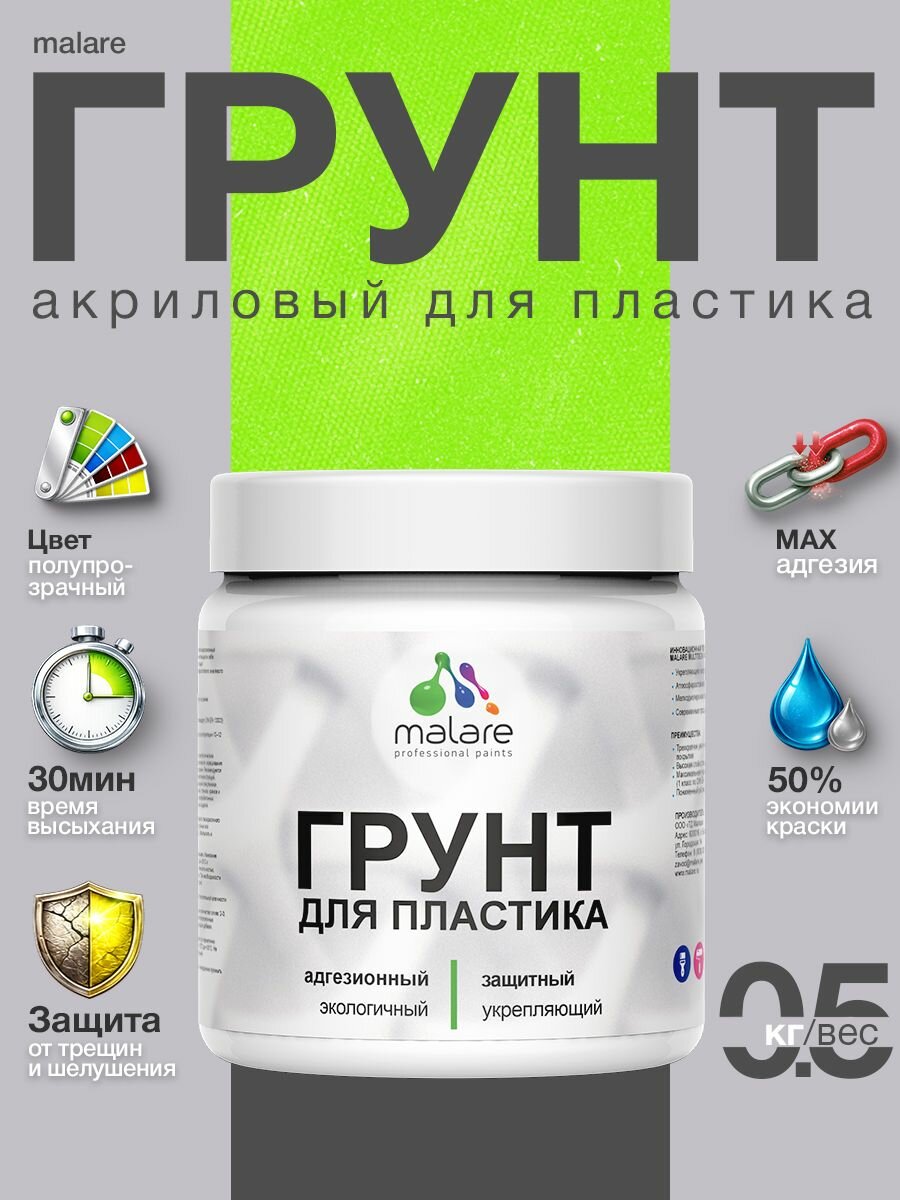 Грунт для пластика Malare акриловый адгезионный, без запаха быстросохнущий, полупрозрачный, 0.5 кг.