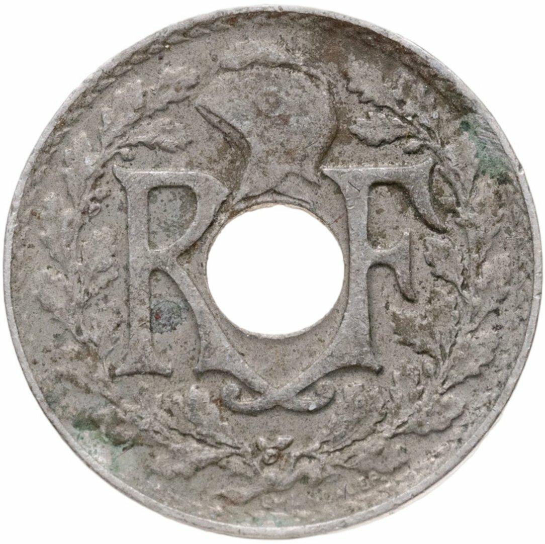 Франция 5 сантимов centimes 1937 Новый тип: Отверстие в центре, Мельхиор медь-никель, в сохранности VF