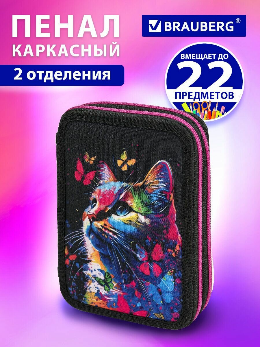 Пенал школьный для девочек для карандашей и ручек с 2 отделениями, канцелярия для школы, полиэстер, 21х14 см, Brauberg Butterfly catcher