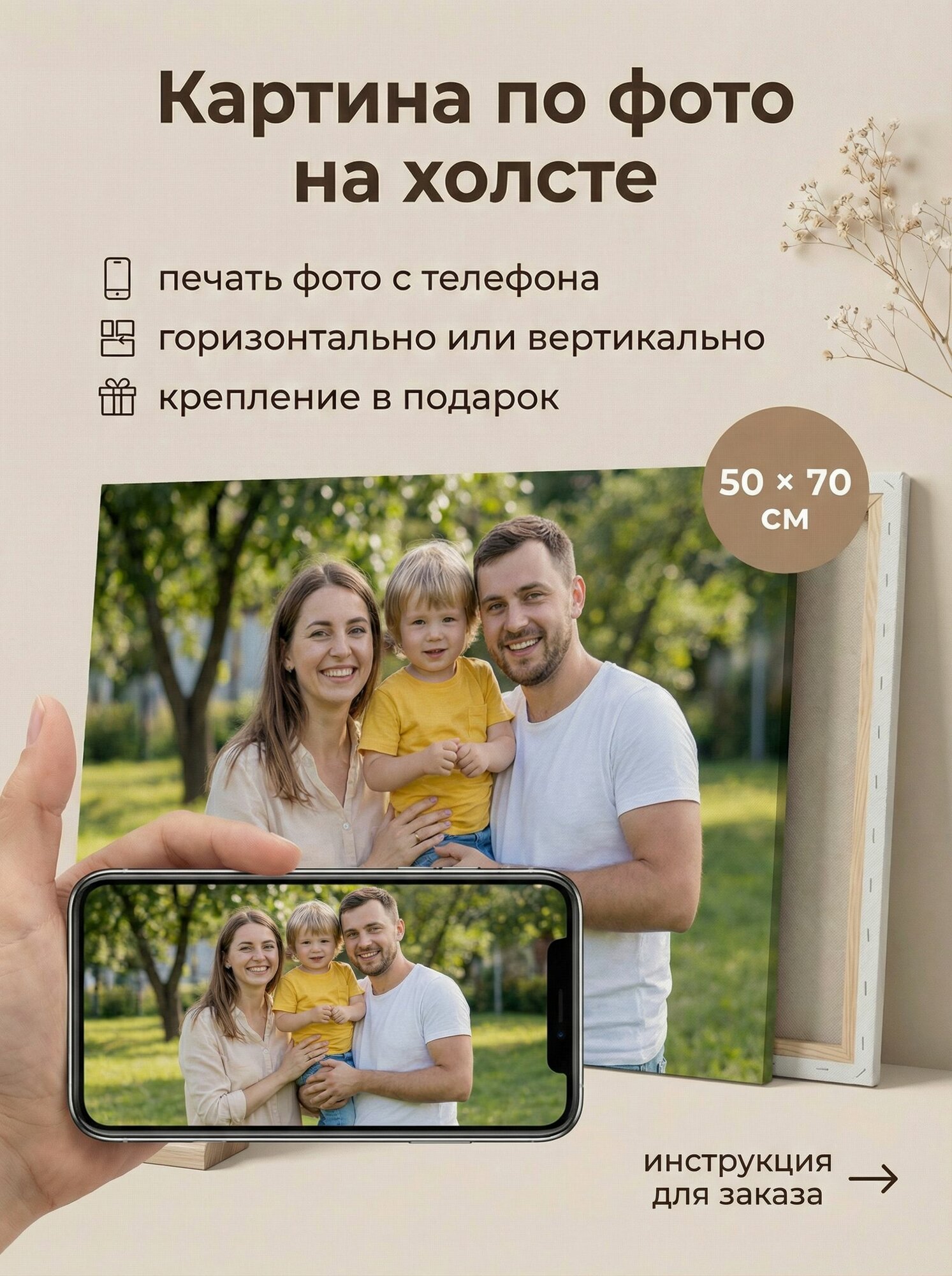 Картина по фото на холсте на заказ, фотохолст на подрамнике (50/70 см), портрет, подарок с фото