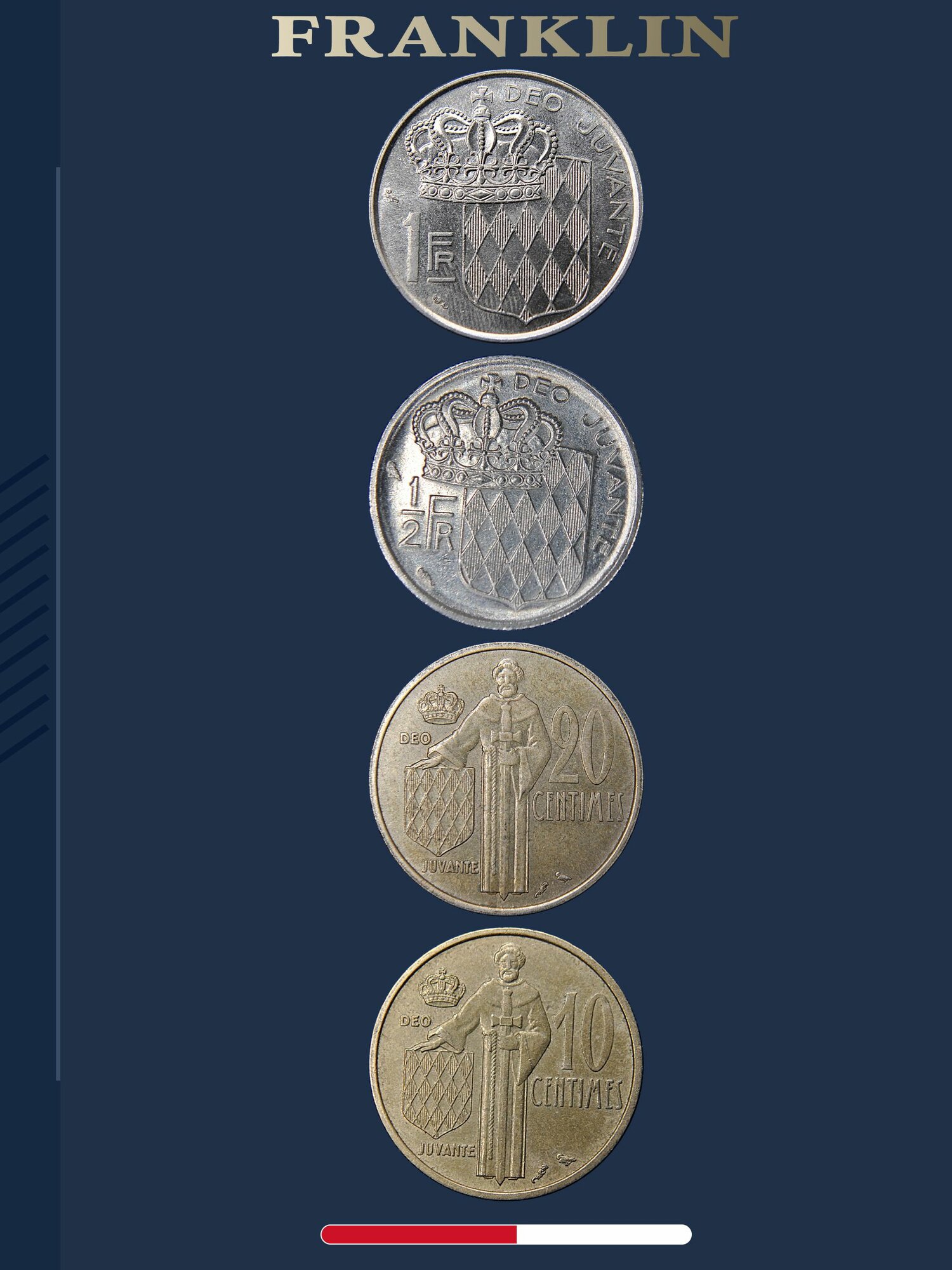 Набор монет Монако 1 франк 1960, 1/2 франка 1965, 20 сентимов 1962, 10 сентимов 1962 год. Ренье III