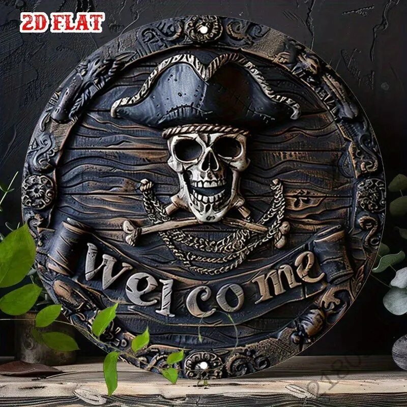 Декоративная табличка, Пиратский череп с костями, Круглая металлическая табличка 20 см, Металлизированный материал, Китай