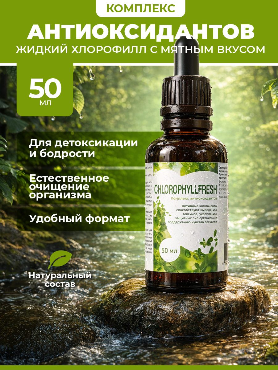 ChlorophyllFresh, комплекс антиоксидантов, жидкий хлорофилл для детоксикации и поддержки иммунитета, 50 мл