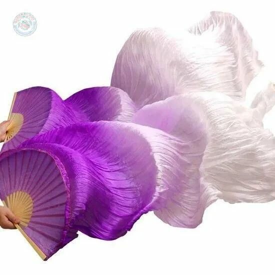Веер-вейл для танцев 2 шт 57 см х 1,5 м, искусственный шелк, бамбуковый каркас, сиреневый+светло-фиолетовый+белый аксессуар для восточных танцев и художественной гимнастики