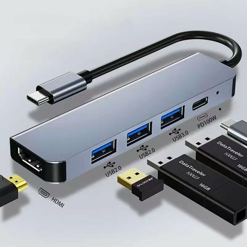 USB HUB 5в1. USB разветвитель, type c hdmi, док станция type c, usb хаб для macbook