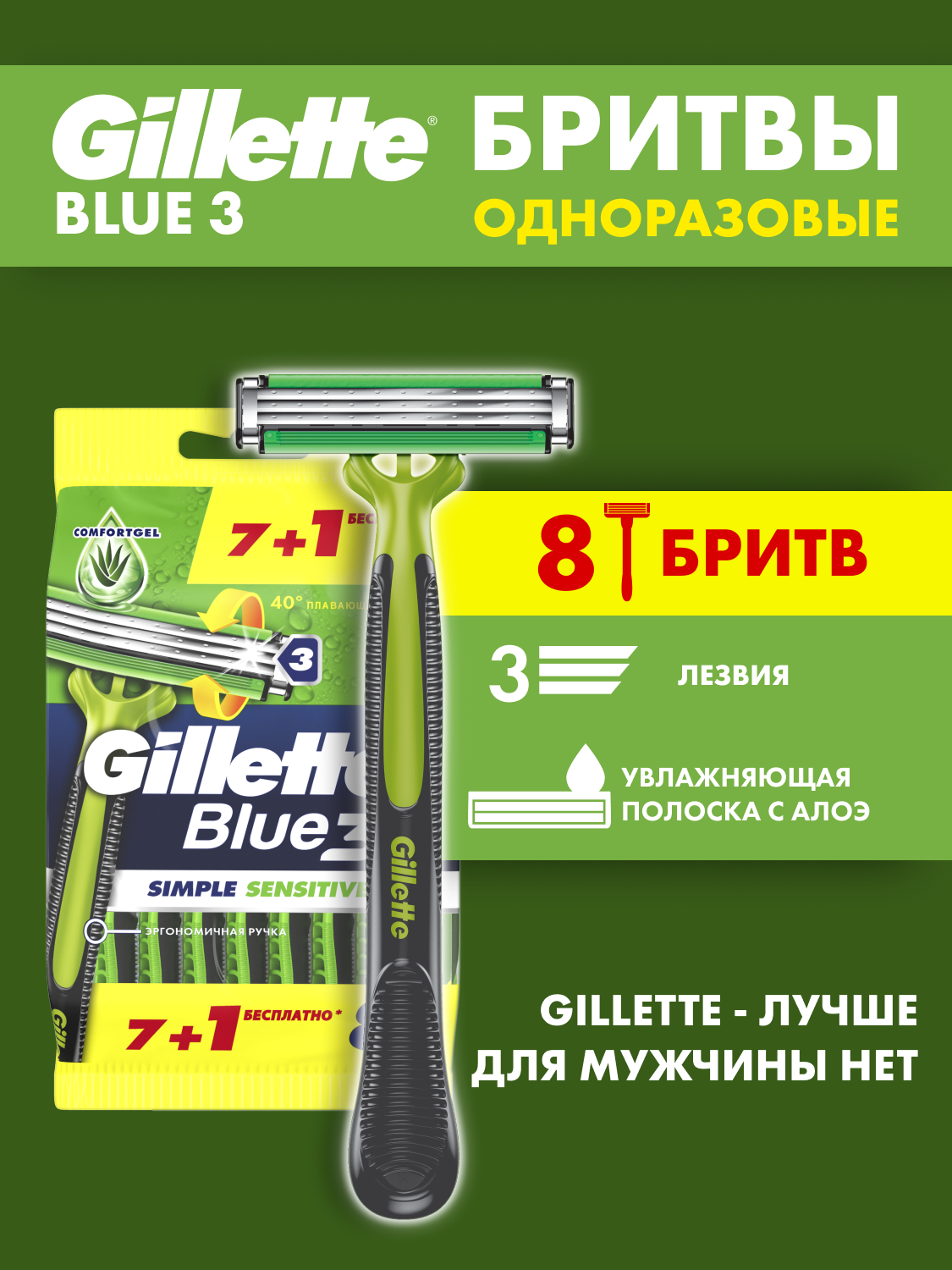 Одноразовый бритвенный станок Gillette Blue3 Simple Sensitive одноразовые, 8 шт, зеленый