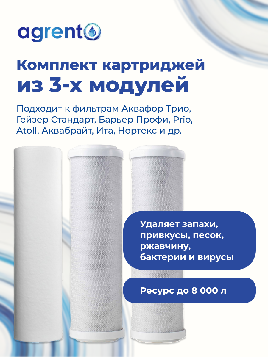 Комплект сменных картриджей "бюджетный" к фильтру Гейзер стандарт, АКВАФОР трио норма, Барьер профи и других из 3х колб