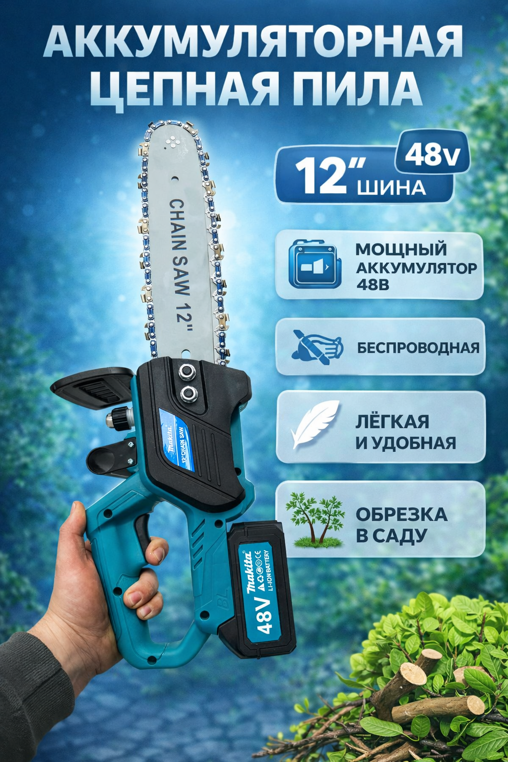 Аккумуляторная цепная пила, 12", 2 АКБ, нескользящая рукоятка