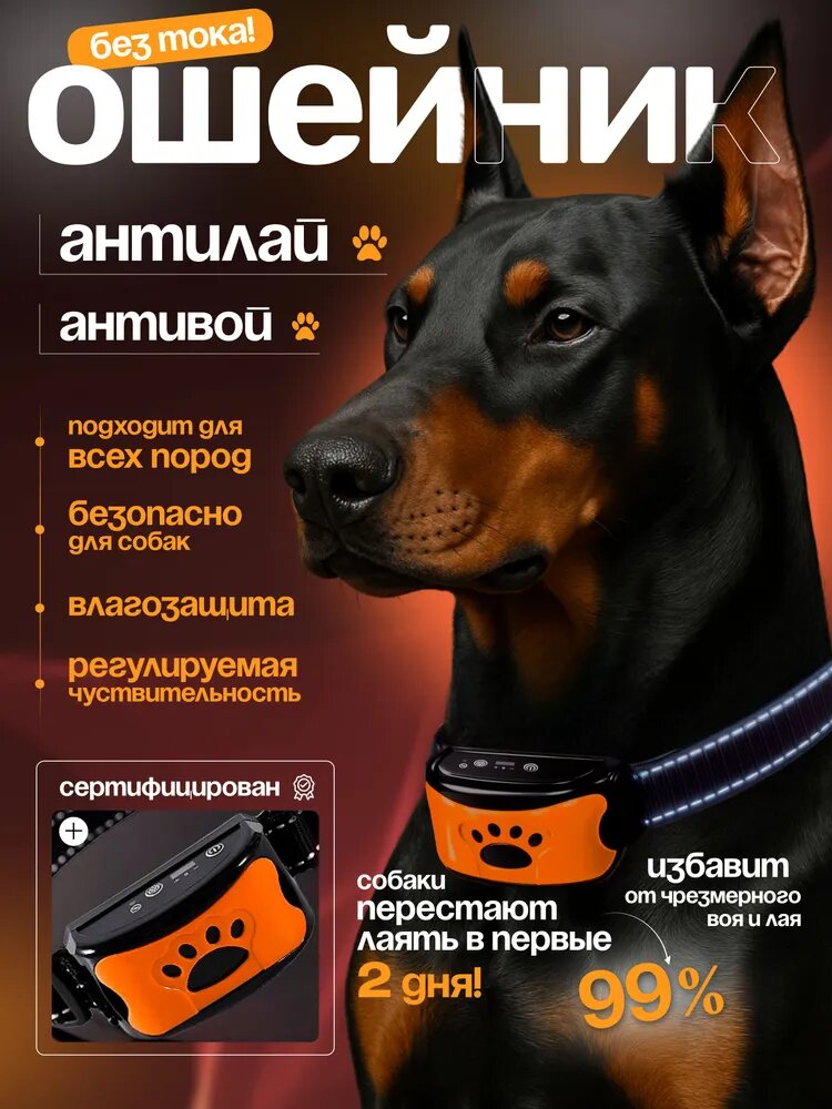 Ошейник ZOO Антилай, для собак, влагозащитный, оранжевый/черный