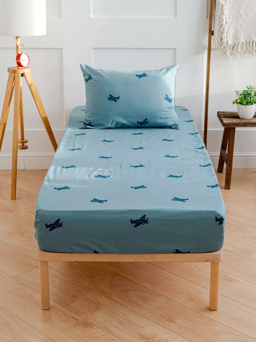 YERRNA Простыня на резинке 90х200+26 см, аналог икеа, 100% хлопок, перкаль, самолеты