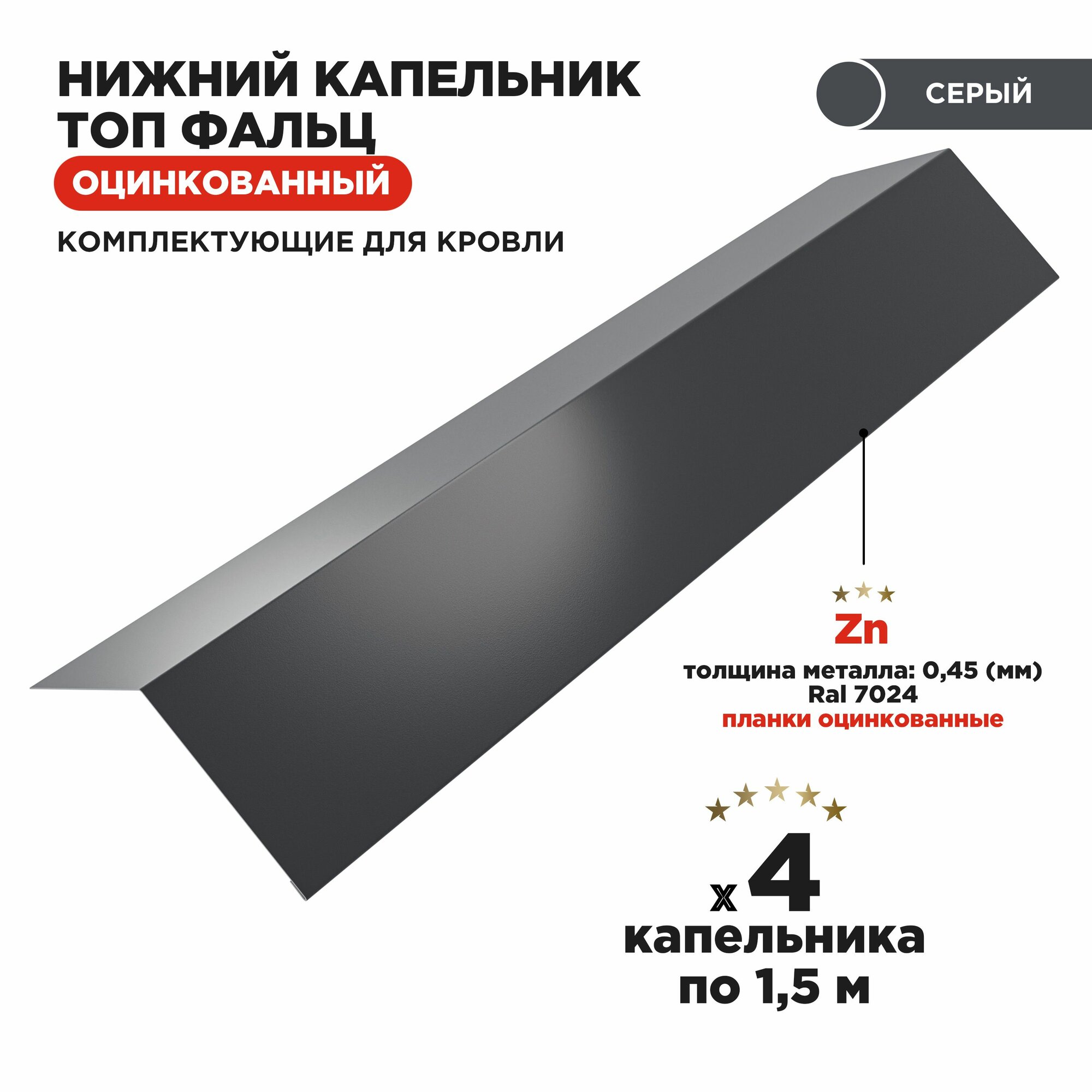 Нижний капельник для фальцевой кровли топфальц 4 штуки в комплекте. Длина 1.5м RAL 7024 Серый графит