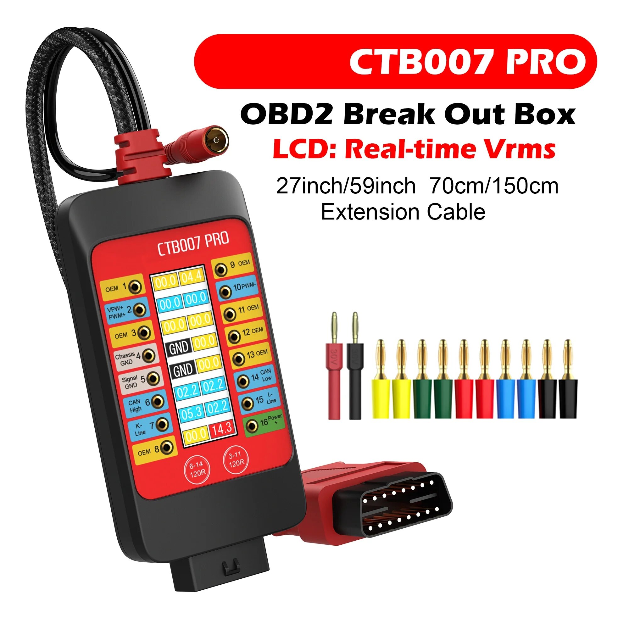 CTB007PRO Автомобильный ECU Диагностический CAN Break Out Box 16-контактный ЖК-дисплей VRMS Инструмент для диагностики данных автомобиля Инструмент для тестирования с OBD-кабелем 70 см