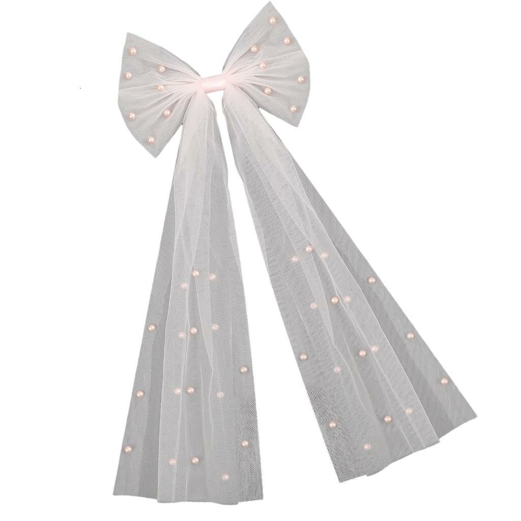 Бантик-повязка с фатином и жемчугом, Розовый - 51cm