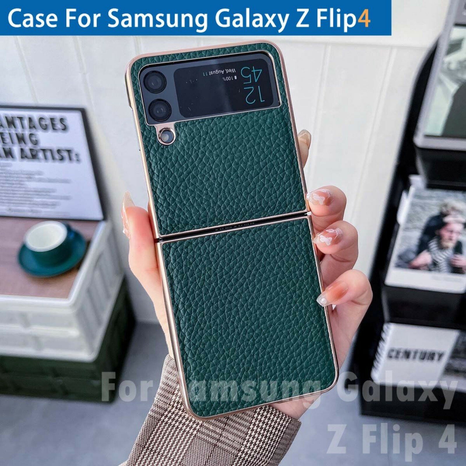 Кожаный чехол-книжка MyPads для Samsung Galaxy Z Flip4 с натуральной кожей и золотистой отделкой