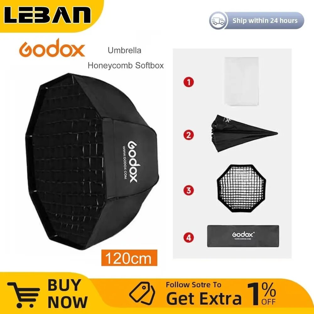 Godox портативный софтбокс с восьмиугольным зонтом 120 см 47 дюймов и сотовой сеткой, фотоотражатель, сотовый софтбокс для вспышки Speedlight