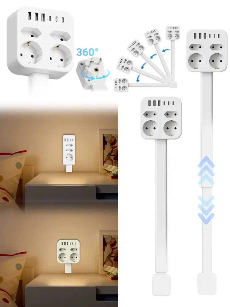Многофункциональная настенная выдвижная и поворотная башня розетка с 4 розетками, 6 USB-порта, USB-адаптер 6 в 1 с защитой от перегрузки для смартфона, планшета