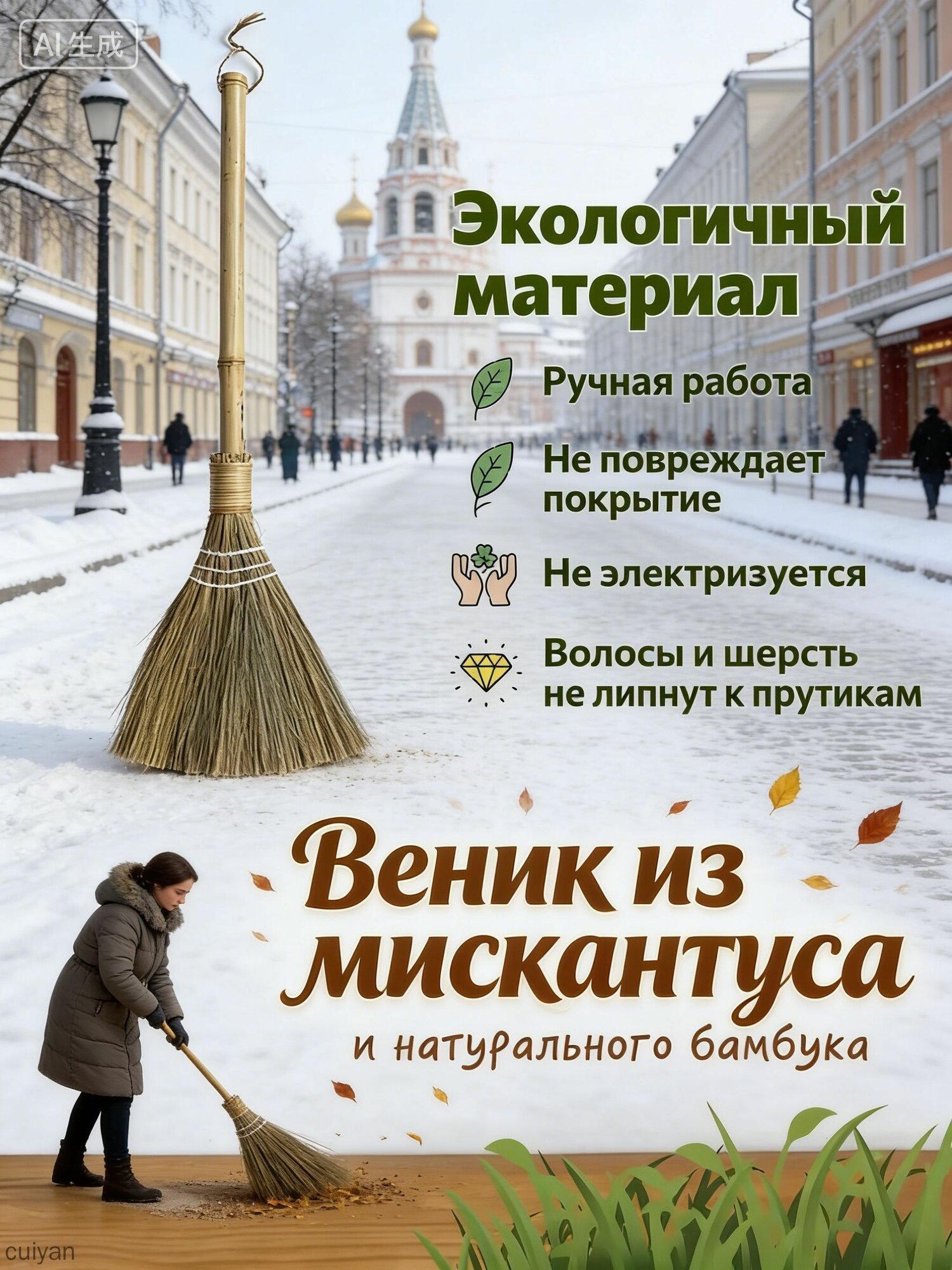 Веник из натурального бамбука и мискантуса, 74x30 см, 1 штука/Используется для уборки грязных дорог и домашнего хозяйства