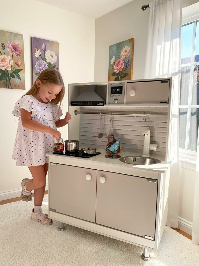 Детская кухня SITSTEP с вытяжкой, интерактивной плитой (со звуком и светом), бежевые фасады