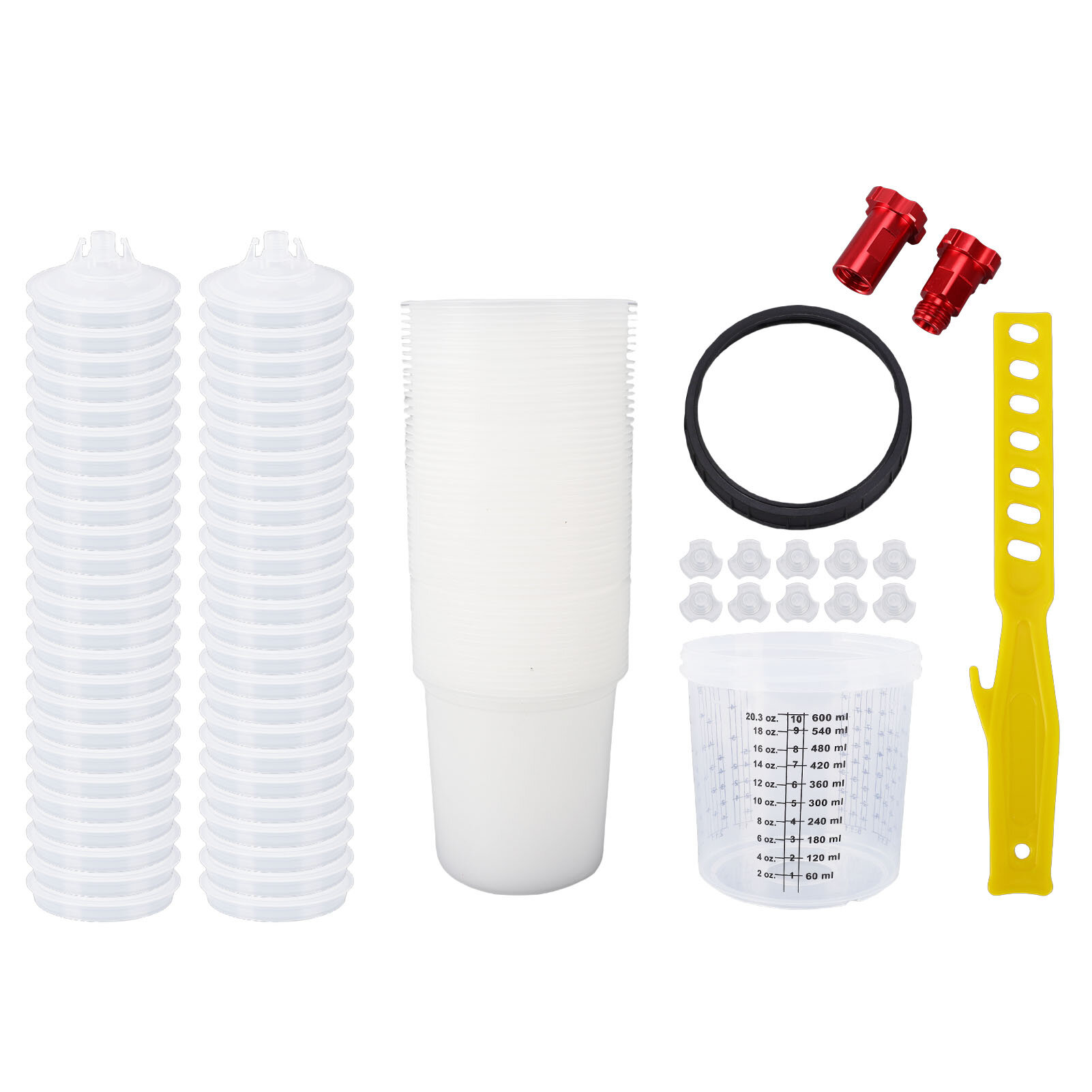 Комплект из 50 одноразовых вкладышей и крышек для распылителя (объемом 20,3 унции), 1 жесткое крепежное кольцо, 10 заглушек, смесительный стержень, 2 адаптера.