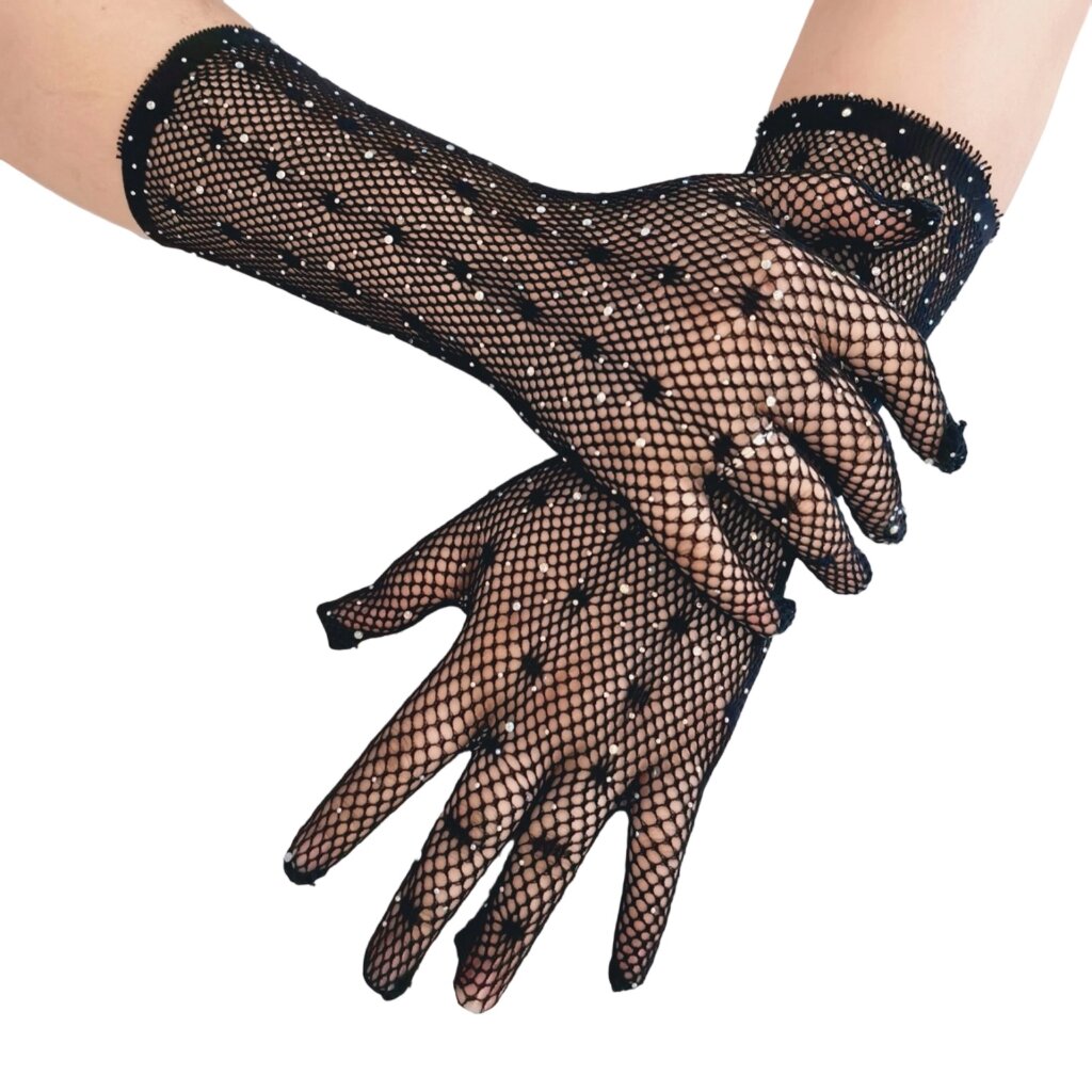 Эластичные перчатки из ажурной сети, сверкающие стразы, акценты, перчатки из мягкой полиэфирной ткани