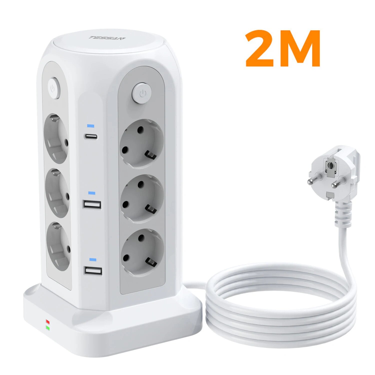Удлинитель TESSAN 12 розеток, 6 USB, 2M, серый
