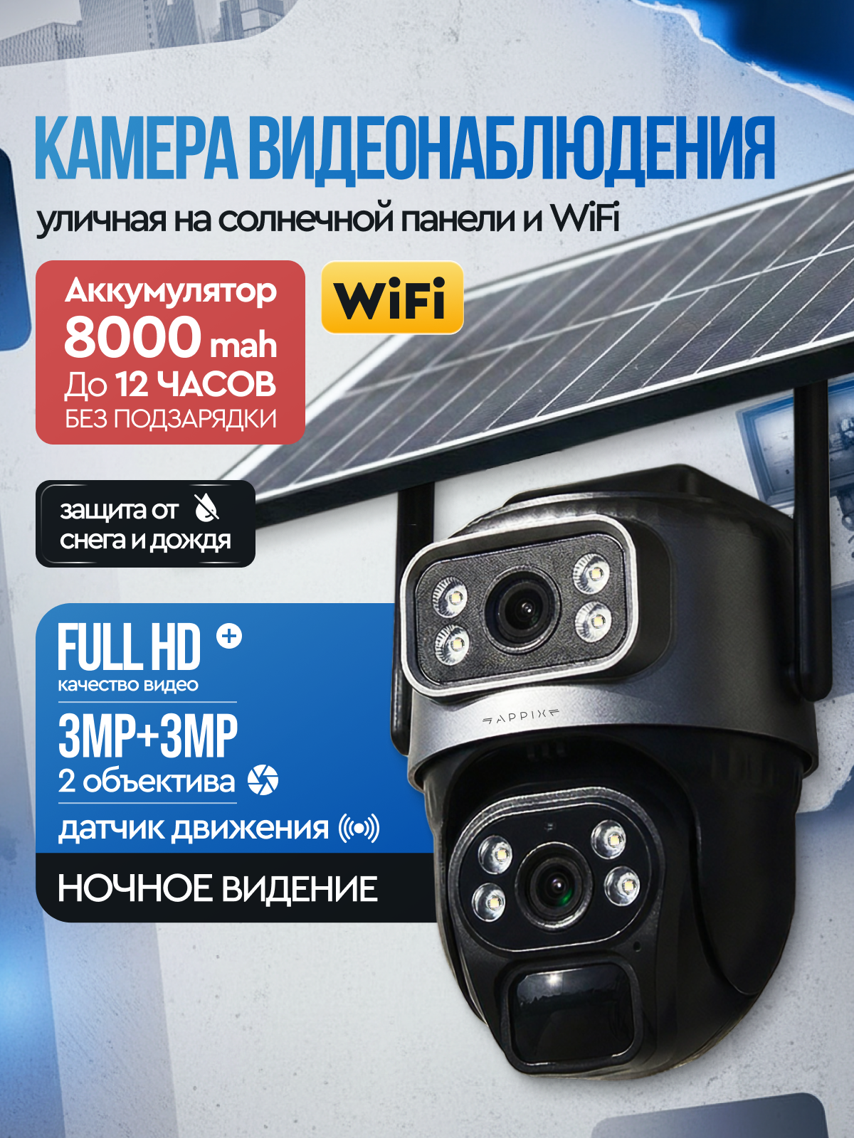 Камера видеонаблюдения wifi уличная на солнечной батарее, для дома, стильная, 2 объектива, ночное видение, поворотная
