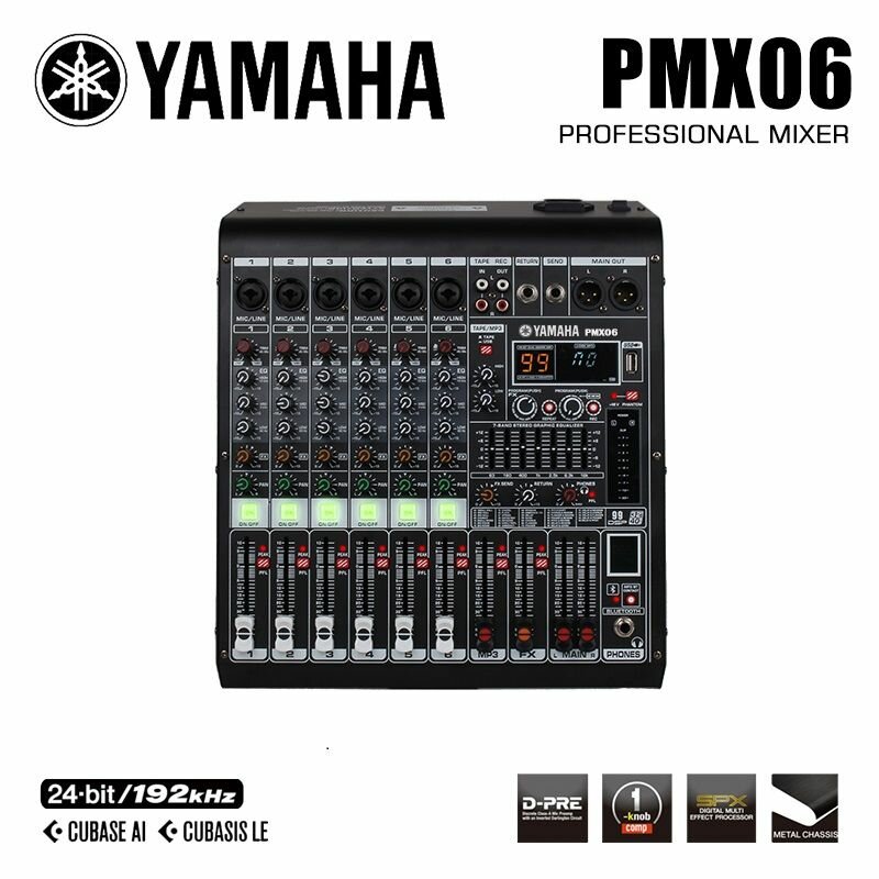 Звуковой микшер YAMAHA PMX06 6 каналов, поддержка Bluetooth, USB воспроизведение и запись аудио, цифровые эффекты, фантомное питание 48V, DJ консоль для живых выступлений, кафе,