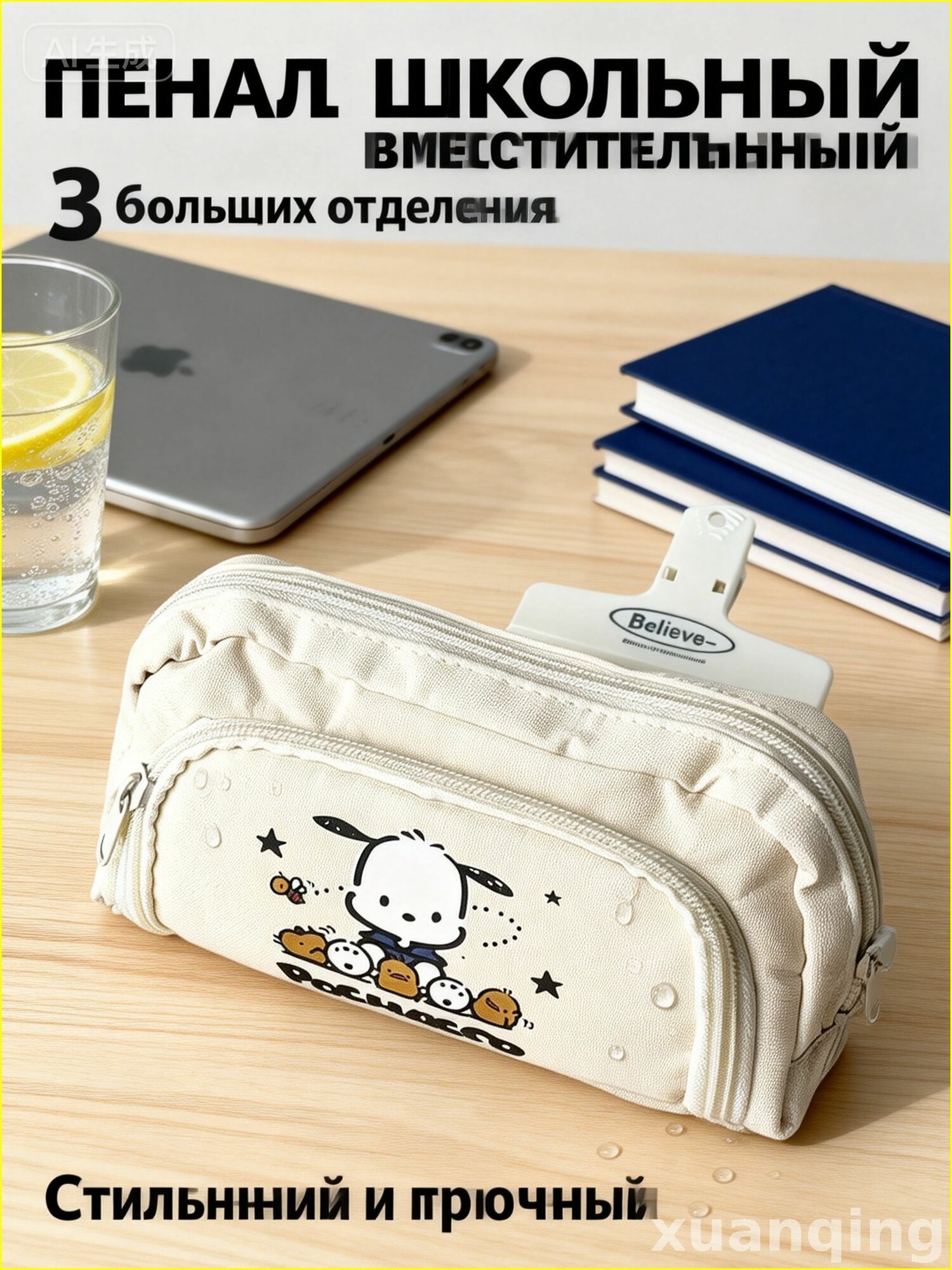 Пенал школьный тканевый большой для девочек и мальчиков: косметичка для канцелярии с 3 отделениями, подростковый