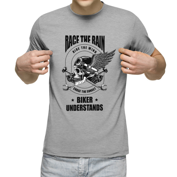 Мужская футболка «Байкер. Череп в шлеме. Подарок байкеру» (серый меланж, M)