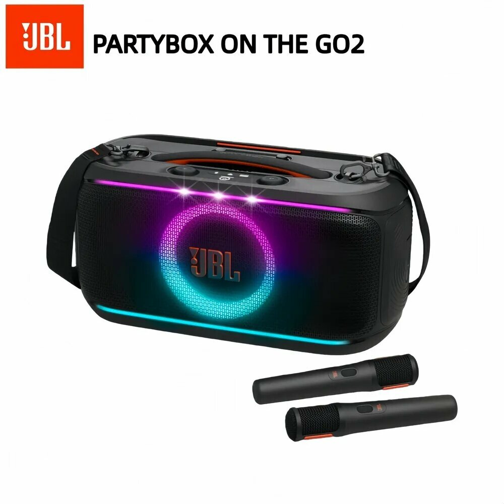 Портативная bluetooth-колонка JBL PARTYBOX ON THE GO2, поддержка Bluetooth 5.4, управление через приложение, защита IPX4, подключение к нескольким динамикам, максимальная мощность 100 Вт, черный
