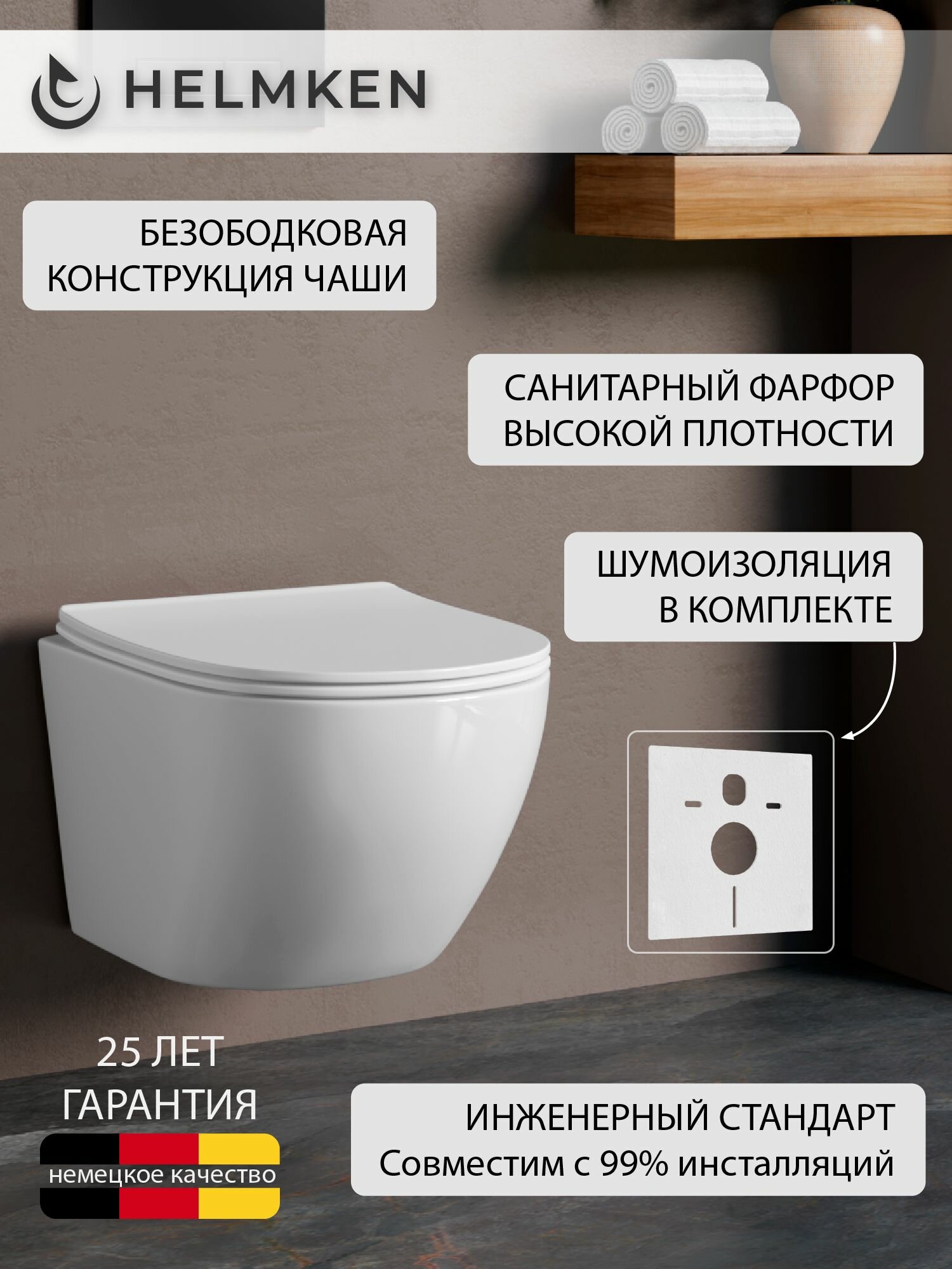 Унитаз подвесной безободковый Helmken 35103001 комплект 2 в 1: подвесная чаша унитаза с сиденьем микролифт и шумоизоляцией, белый