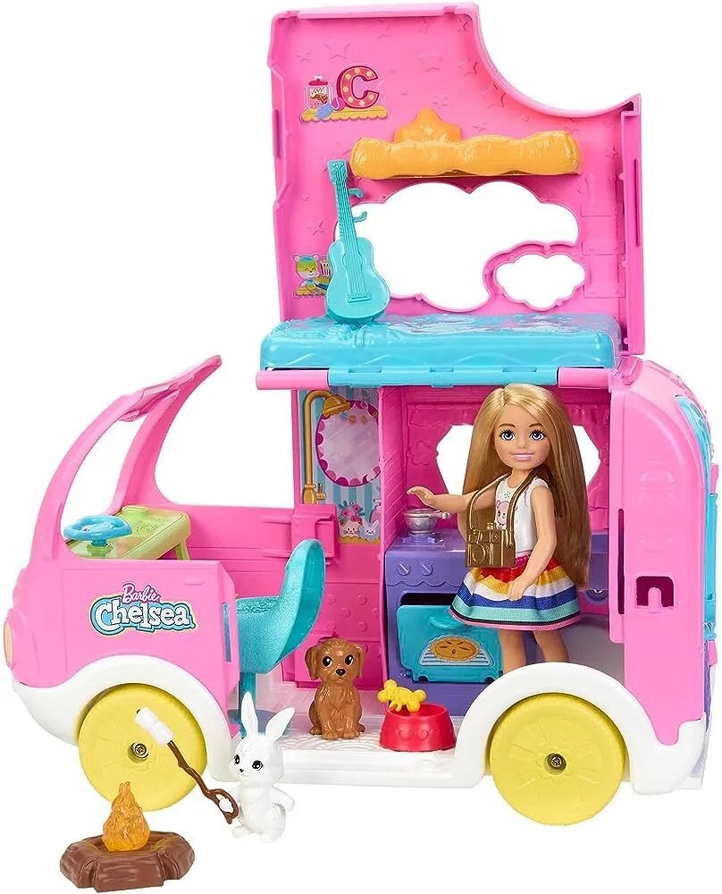 Игровой набор 2-в-1 Barbie HNH90 Camping Vehicle Little Doll Chelsea с 2 домашними животными и 15 аксессуарами