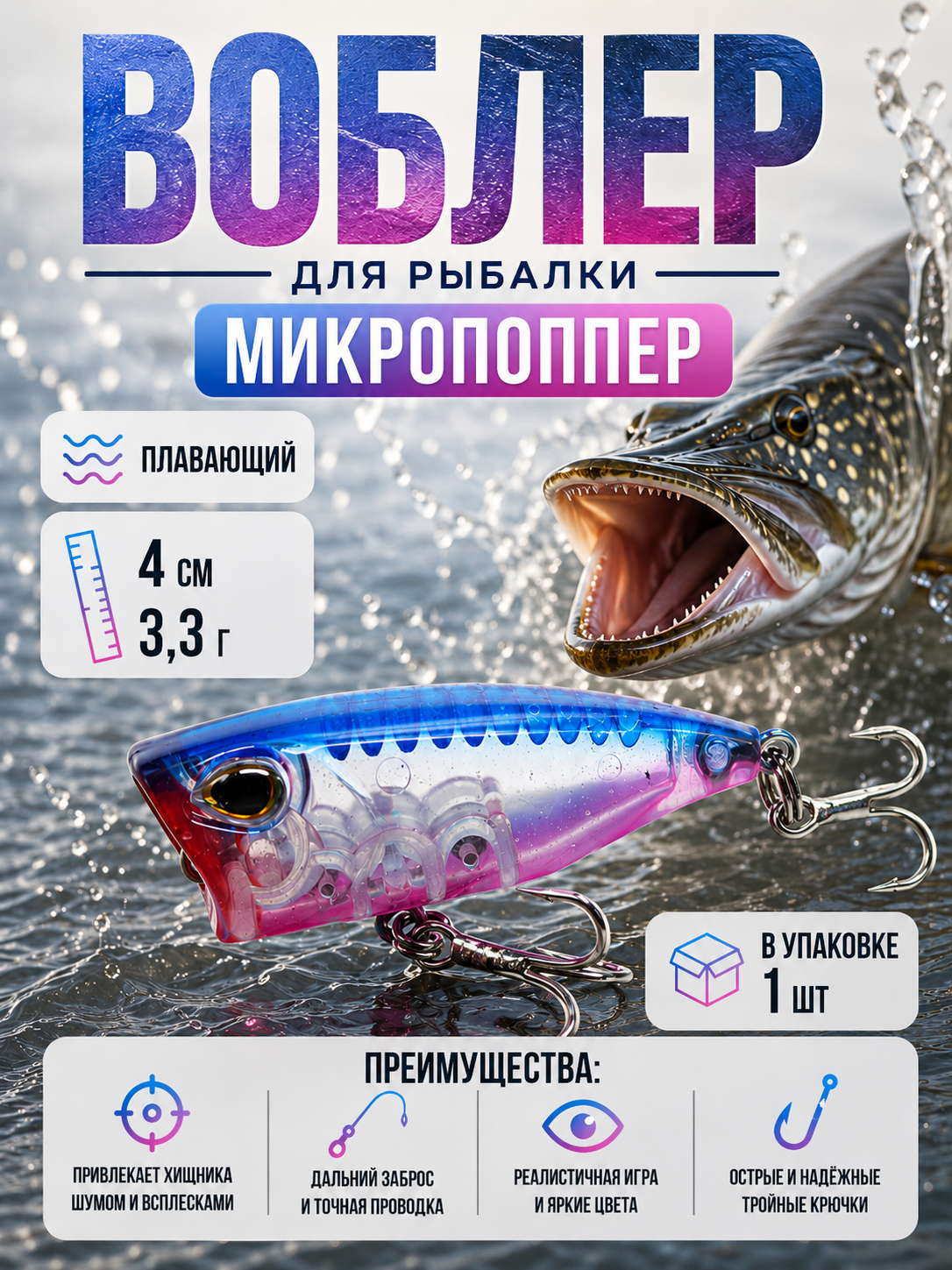 Воблер микропоппер, плавающая поверхностная приманка, с тройными крючками, 4 см/3,3 г , бело-голубая
