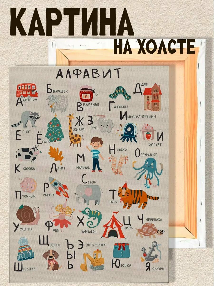 Картина на стену в детскую комнату Алфавит, на подрамнике, 1шт, 38х25 размер.