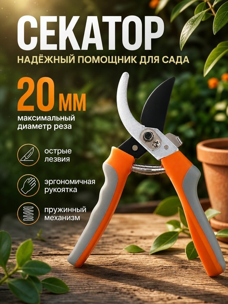Секатор, сталь/ABS-пластик, эргономичный, регулировка прижима, для веток, сучков и цветов — фото 1