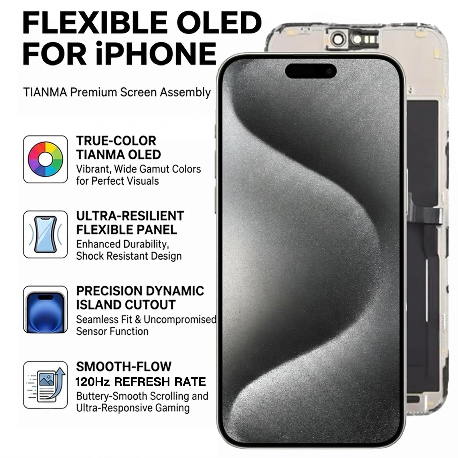Дисплей Tianma, для iPhone 15 Pro Max, OLED, 120Гц, Face ID, True Tone