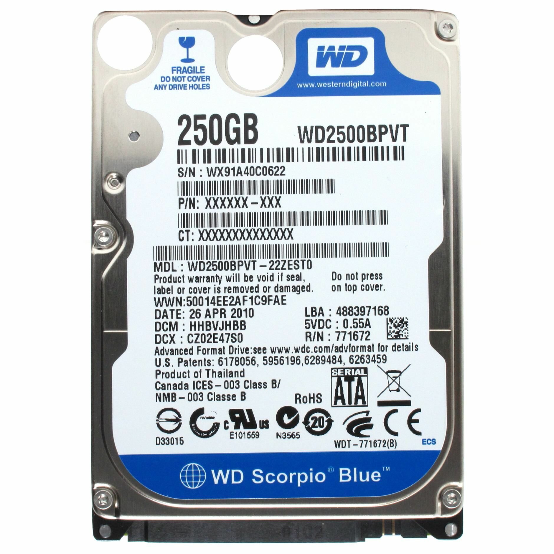 2.5" 250 ГБ Жесткий диск WD Blue (WD2500BPVT-22JJ5T0) - 5400 об/мин, SATA II