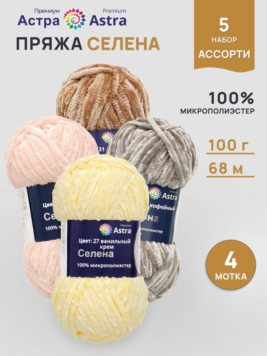 Пряжа для вязания набор Astra Premium 'Селена', 4 цвета по 100 г, 68 м (ассорти № 5)