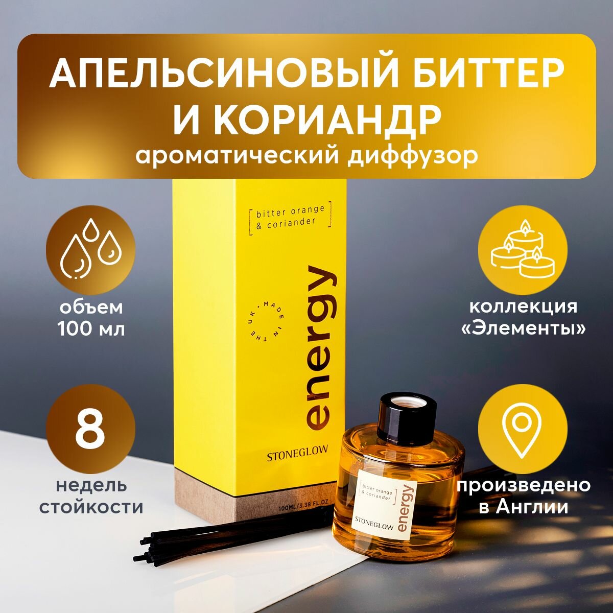 Диффузор ароматический парфюм с палочками для дома "Энергия" Апельсиновый биттер и Кориандр