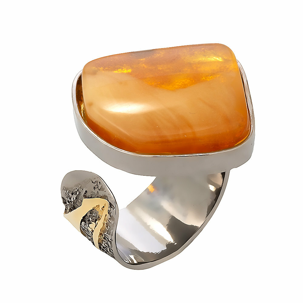 Кольцо, серебро, 925 проба, родирование, янтарь