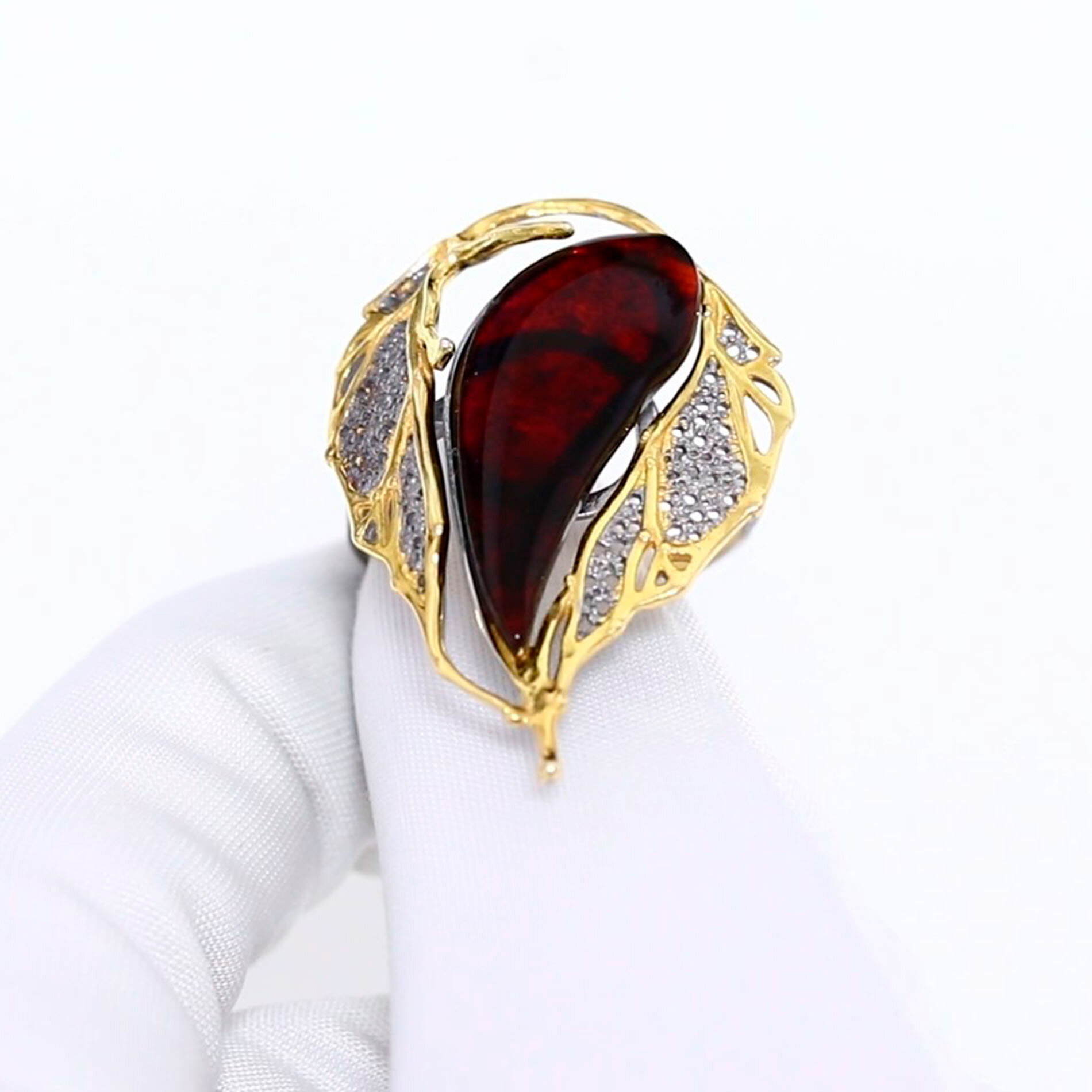 Кольцо, серебро, 925 проба, золочение, янтарь